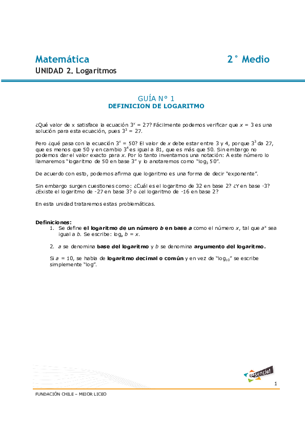 Pdf Matemática 2 Medio Unidad 2 Logaritmos Guía N 1 Definicion De