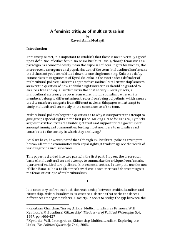(DOC) Feminist critique of Multiculturalism
