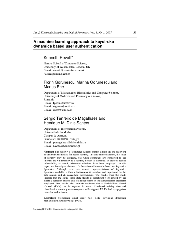 Pdf A Machine Learning Approach To Keystroke Dynamics Based User Authentication Henrique