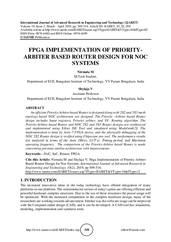 Fpga Implementation Of Priorityarbiter Based Router Design For Noc Systems