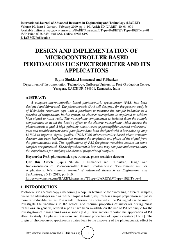 Pdf Design And Implementation Of Microcontroller Based Photoacoustic Spectrometer And Its