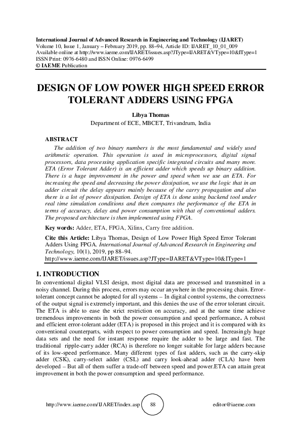 Pdf Design Of Low Power High Speed Error Tolerant Adders Using Fpga