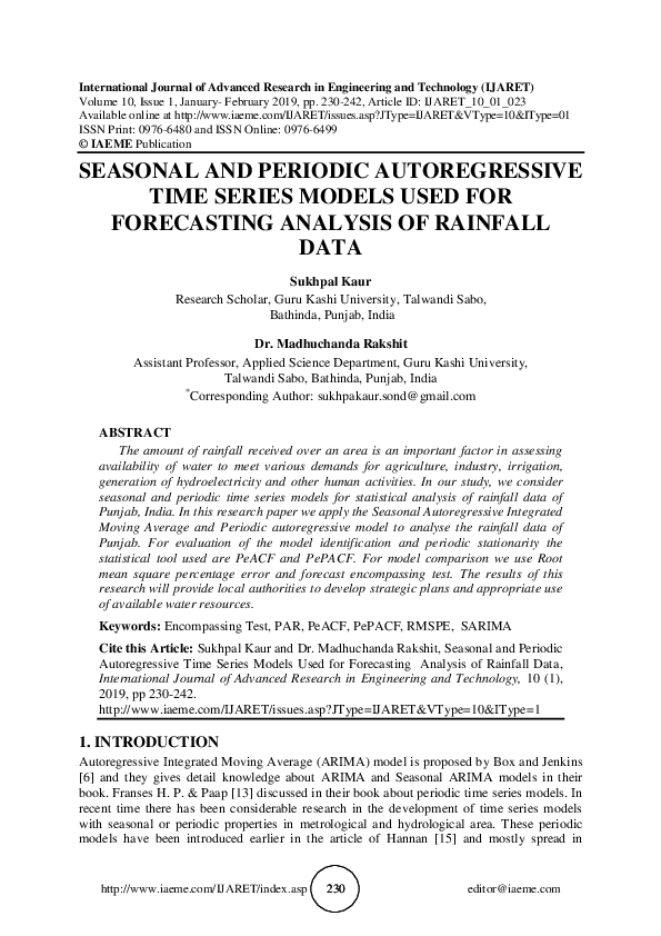 Pdf Seasonal And Periodic Autoregressive Time Series Models Used For Forecasting Analysis Of