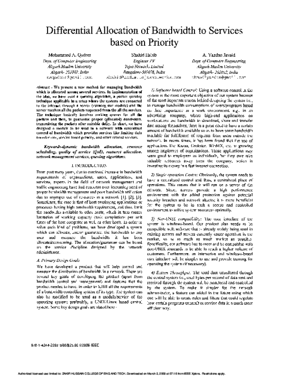 (PDF) Differential allocation of Bandwidth to services based on priority