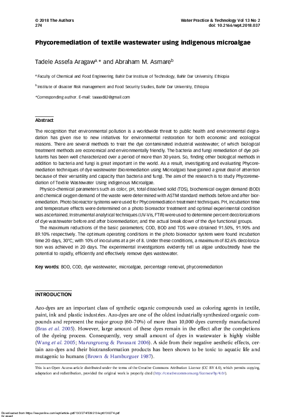(PDF) Phycoremediation of textile wastewater using indigenous microalgae