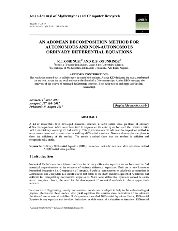 Pdf An Adomian Decomposition Method For Autonomous And Non Autonomous Ordinary Differential