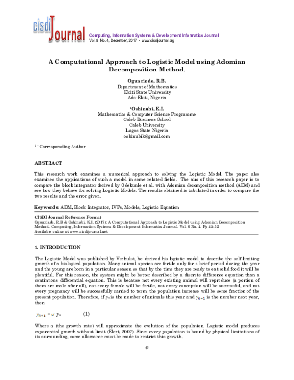 Pdf A Computational Approach To Logistic Model Using Adomian