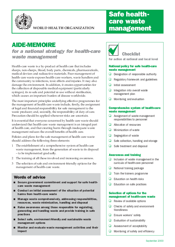 (PDF) Safe health- care waste management Checklist for action at ...