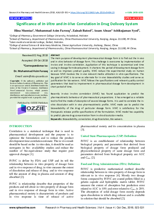 (PDF) Significance of In-Vitro and In-Vivo Correlation in Drug Delivery ...