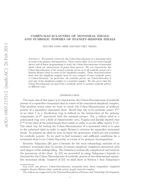 (PDF) Cohen-Macaulayness of monomial ideals and symbolic powers of Stanley-Reisner ideals