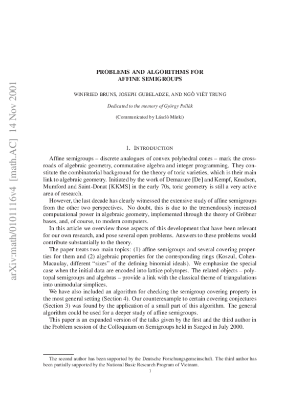 (PDF) Problems and algorithms for affine semigroups
