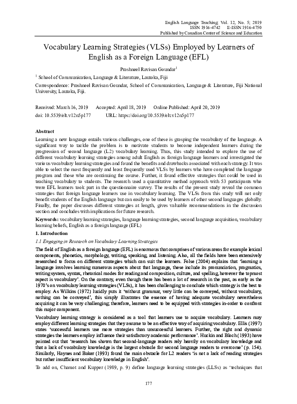 (PDF) Vocabulary Learning Strategies (VLSs) Employed by Learners of ...