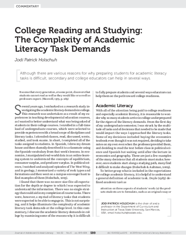(PDF) College Reading and Studying: The Complexity of Academic Literacy ...