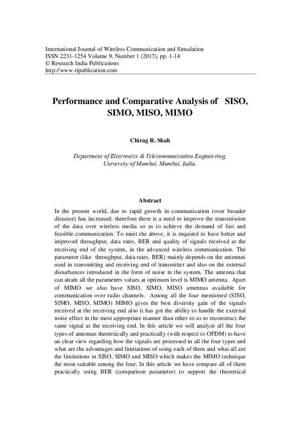 Pdf Performance And Comparative Analysis Of Siso Simo Miso Mimo