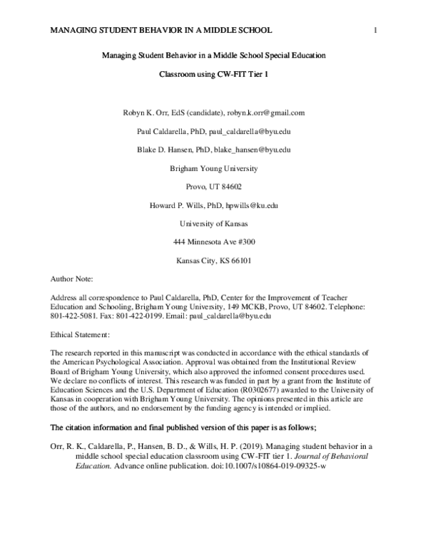 (DOC) Managing Student Behavior in a Middle School Special Education ...