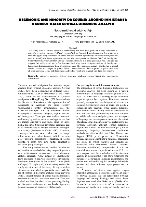 (PDF) HEGEMONIC AND MINORITY DISCOURSES AROUND IMMIGRANTS: A CORPUS-BASED CRITICAL DISCOURSE ...