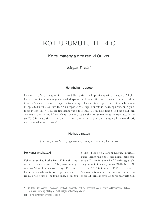 (PDF) KO HURUMUTU TE REO Ko te matenga o te reo ki Ötäkou He whakaräpopoto