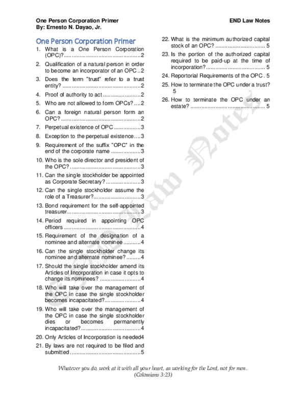 (PDF) One Person Corporation Primer (END Law Notes)
