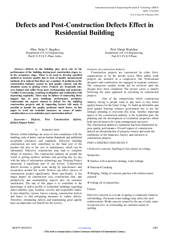 (PDF) Defects and Post-Construction Defects Effect in Residential Building