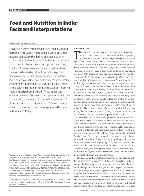 (PDF) Food and Nutrition in india: Facts and interpretations