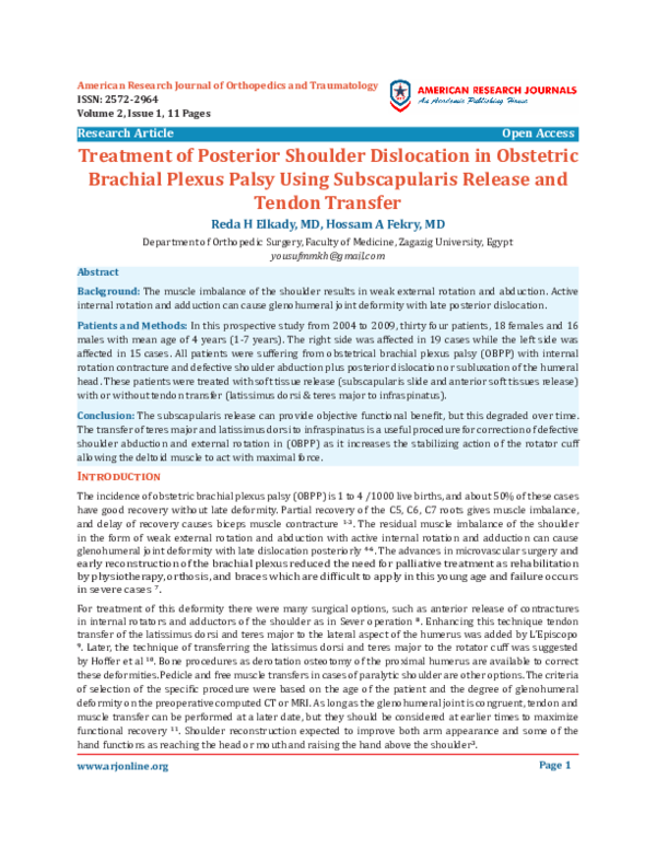 (PDF) Treatment of Posterior Shoulder Dislocation in Obstetric Brachial ...