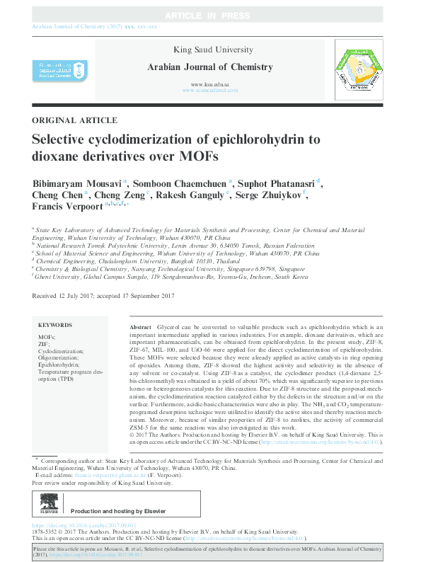 (PDF) Selective cyclodimerization of epichlorohydrin to dioxane ...