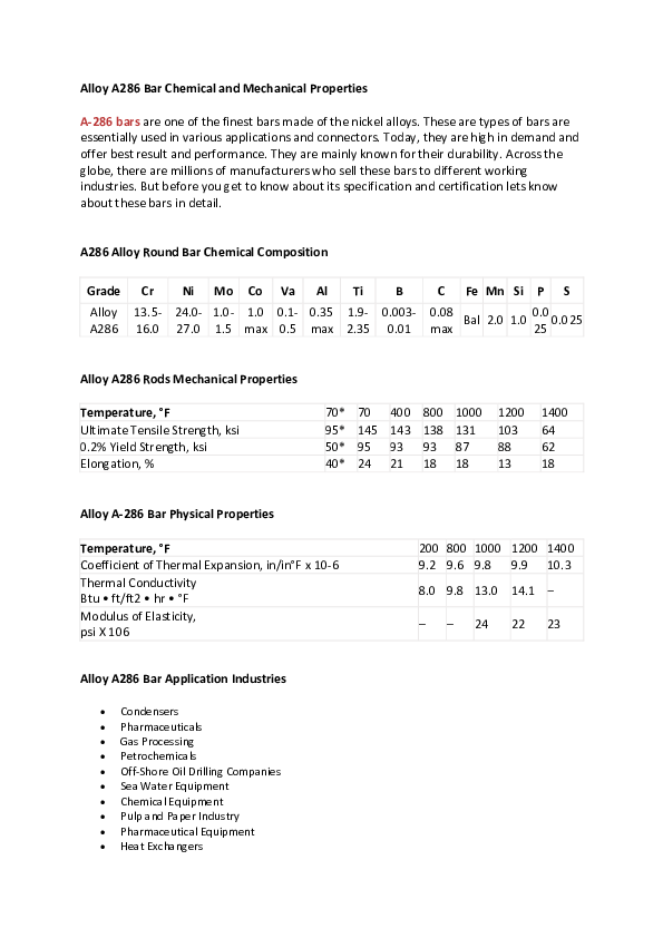 (DOC) Alloy A286 Bar Chemical and Mechanical Properties