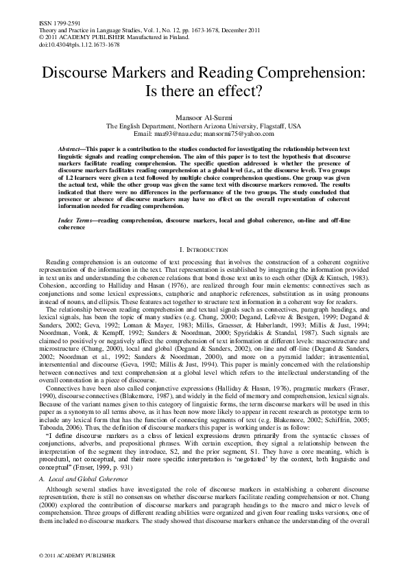 (PDF) Discourse Markers and Reading Comprehension: Is there an effect