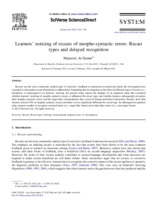 (PDF) Learners' noticing of recasts of morpho-syntactic errors: Recast types and delayed recognition