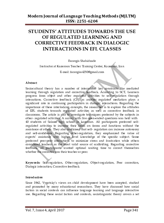 (PDF) Modern Journal of Language Teaching Methods (MJLTM) STUDENTS' ATTITUDES TOWARDS THE USE OF ...