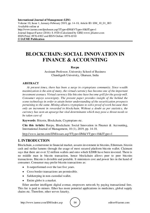 (PDF) BLOCKCHAIN: SOCIAL INNOVATION IN FINANCE & ACCOUNTING