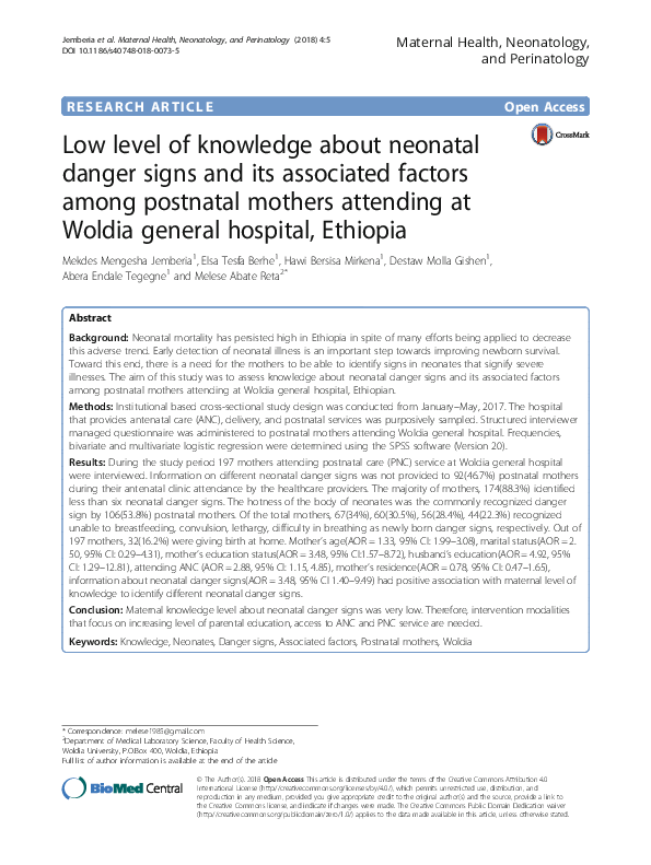 (PDF) Low level of knowledge about neonatal danger signs and its ...