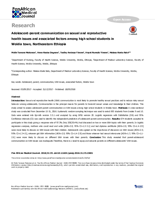 (PDF) Adolescent-parent communication on sexual and reproductive health issues and associated ...