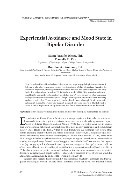 (PDF) Experiential Avoidance and Mood State in Bipolar Disorder ...