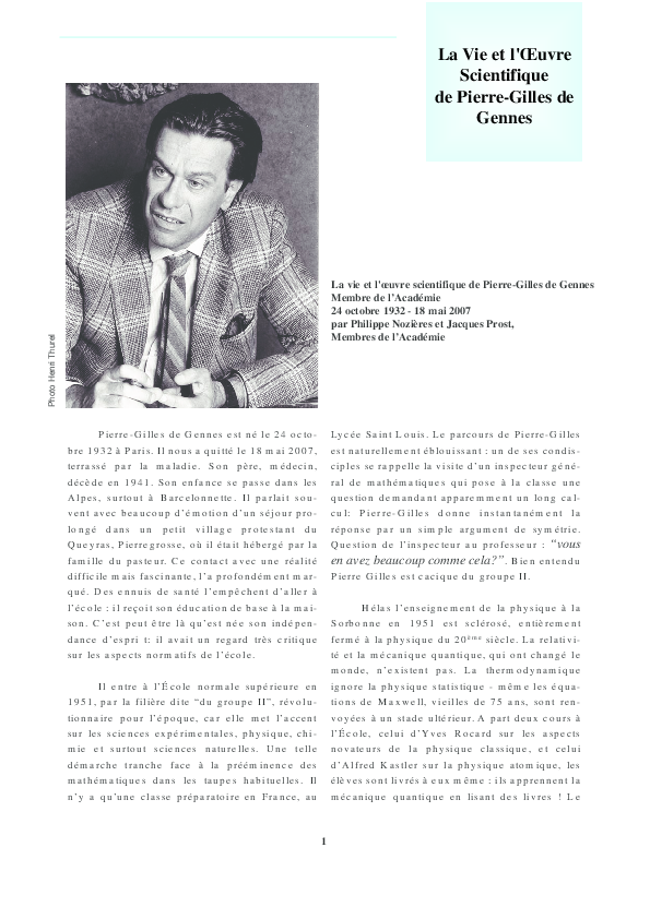 (PDF) La Vie et l'OEuvre Scientifique de Pierre-Gilles de Gennes