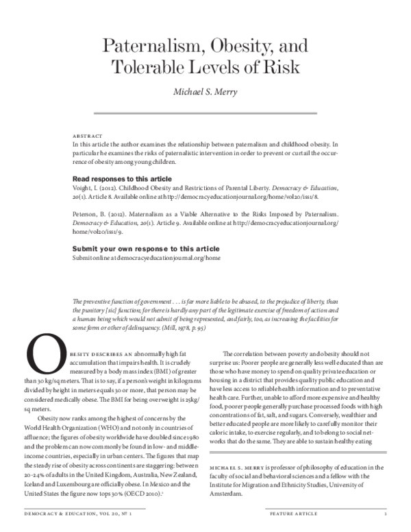 (PDF) Paternalism, Obesity, and Tolerable Levels of Risk