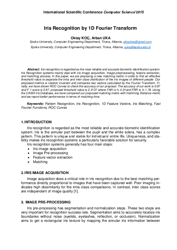 (PDF) Iris Recognition by 1D Fourier Transform
