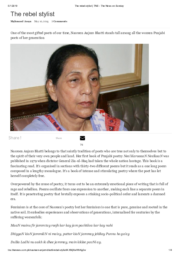 (PDF) The Rebel Stylist: Nasreen Anjum Bhatti's Punjabi Poetry