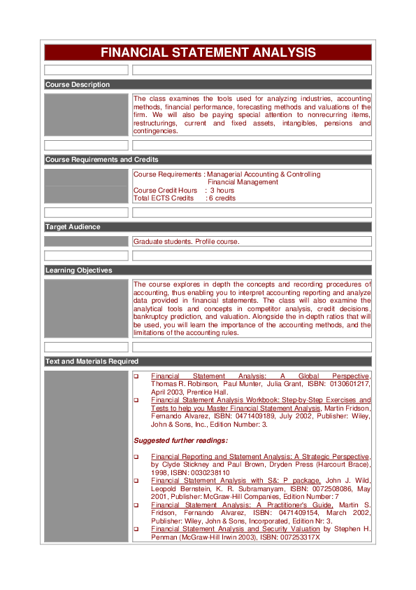(PDF) FINANCIAL STATEMENT ANALYSIS Course Description