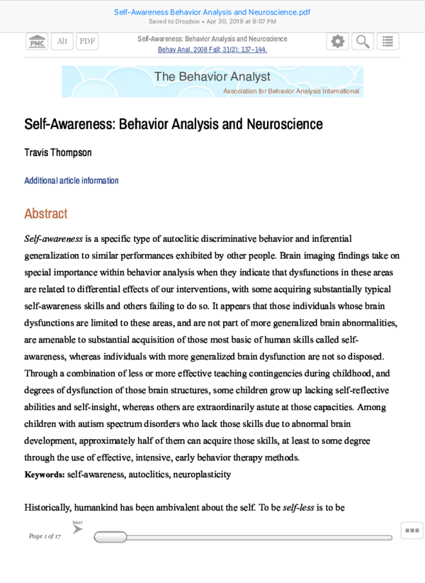 (PDF) Self-Awareness: Behavior Analysis and Neuroscience Behav Analysis