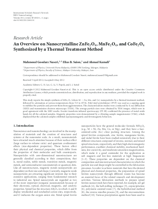 (PDF) An Overview on Nanocrystalline ZnFe 2 O 4 , MnFe 2 O 4 , and CoFe 2 O 4 Synthesized by a ...