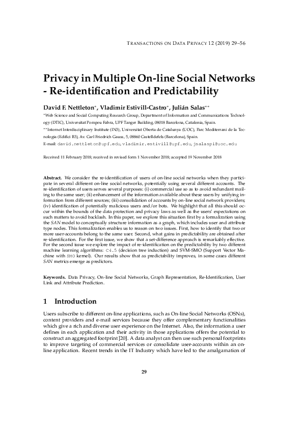(PDF) Privacy in Multiple On-line Social Networks -Re-identification ...