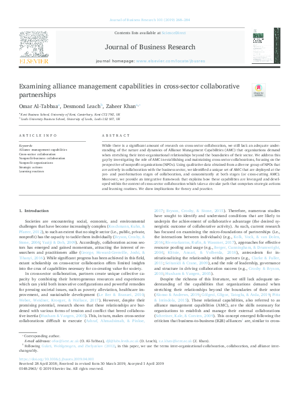 (PDF) Examining alliance management capabilities in cross-sector ...