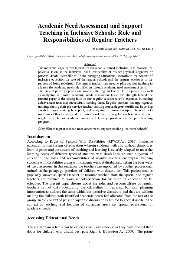 (DOC) Academic Need Assessment and Support Teaching in Inclusive ...