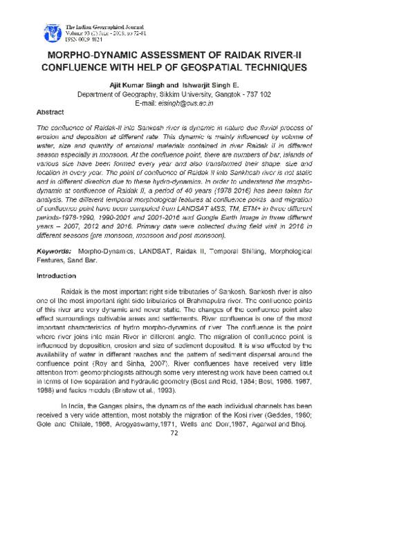 (PDF) MORPHO-DYNAMIC ASSESSMENT OF RAIDAK RIVER-II CONFLUENCE WITH HELP OF GEOSPATIAL TECHNIQUES