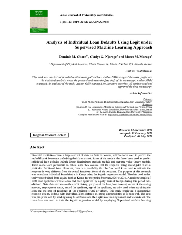 Pdf Analysis Of Individual Loan Defaults Using Logit Under Supervised Machine Learning Approach