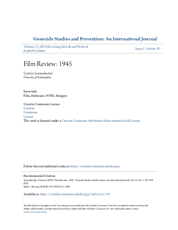 (PDF) Film Review, "1945," Genocide Studies and Prevention: An ...