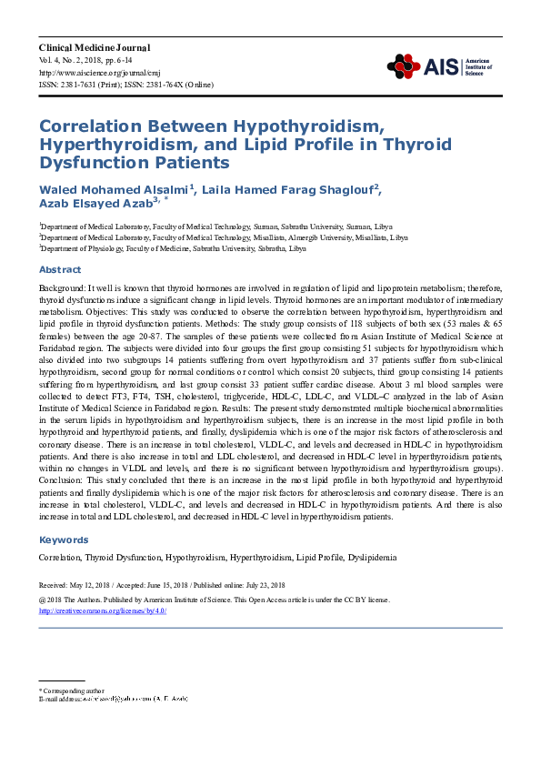 (PDF) Correlation Between Hypothyroidism, Hyperthyroidism, and Lipid Profile in Thyroid ...