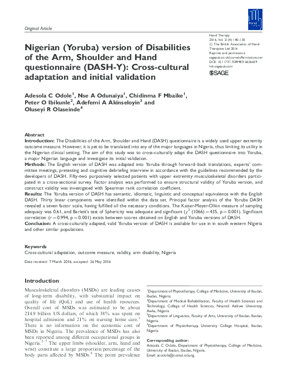 (PDF) Nigerian (Yoruba) version of Disabilities of the Arm, Shoulder and Hand questionnaire ...