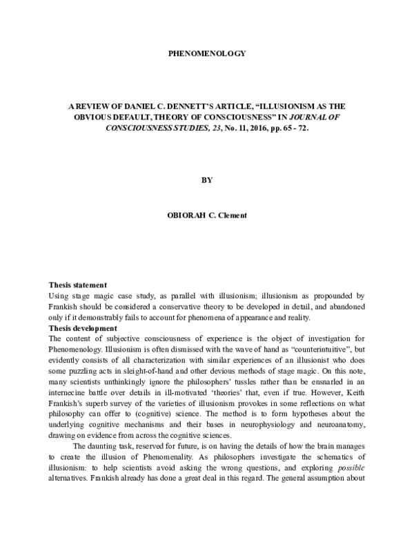 ILLUSIONISM AS THE OBVIOUS DEFAULT, THEORY OF CONSCIOUSNESS